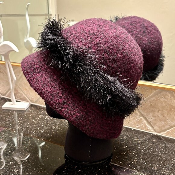 Accessories | Dark Plum Boiled Wool Cloche Bucket Hat With Faux Fur ...